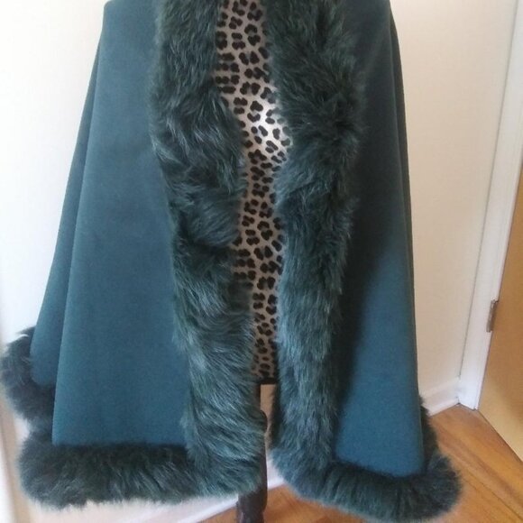 Jackets & Coats | Nwt Teal Greenish Blue Cape Coat Trimmed In Real Fox ...